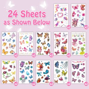 Partywind 24 Sheets Glitter Butterfly Temporary Tattoos, 240 Styles Pink Butterfly Party Supplies Favors for Girls Gifts, Fairy Flowers Party Decorations, Butterfly Baby Shower Decor