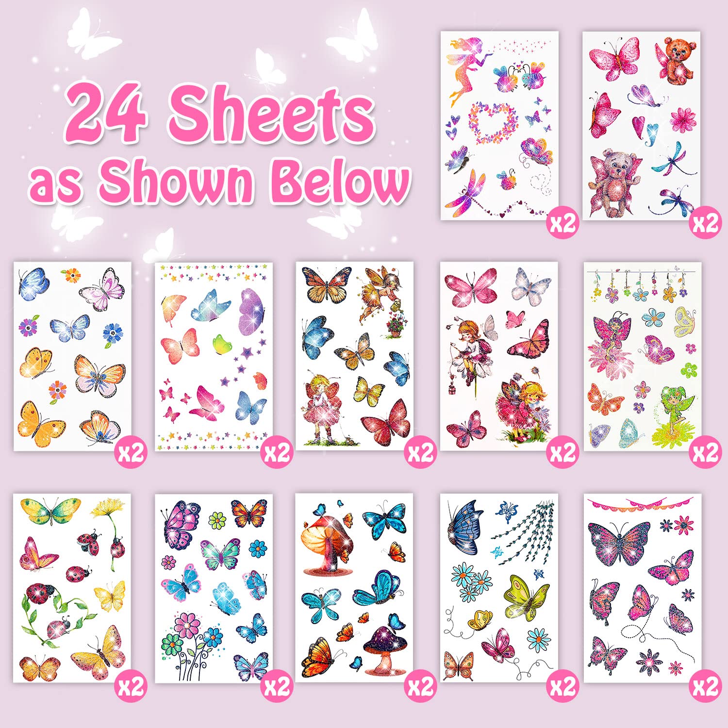 Partywind 24 Sheets Glitter Butterfly Temporary Tattoos, 240 Styles Pink Butterfly Party Supplies Favors for Girls Gifts, Fairy Flowers Party Decorations, Butterfly Baby Shower Decor