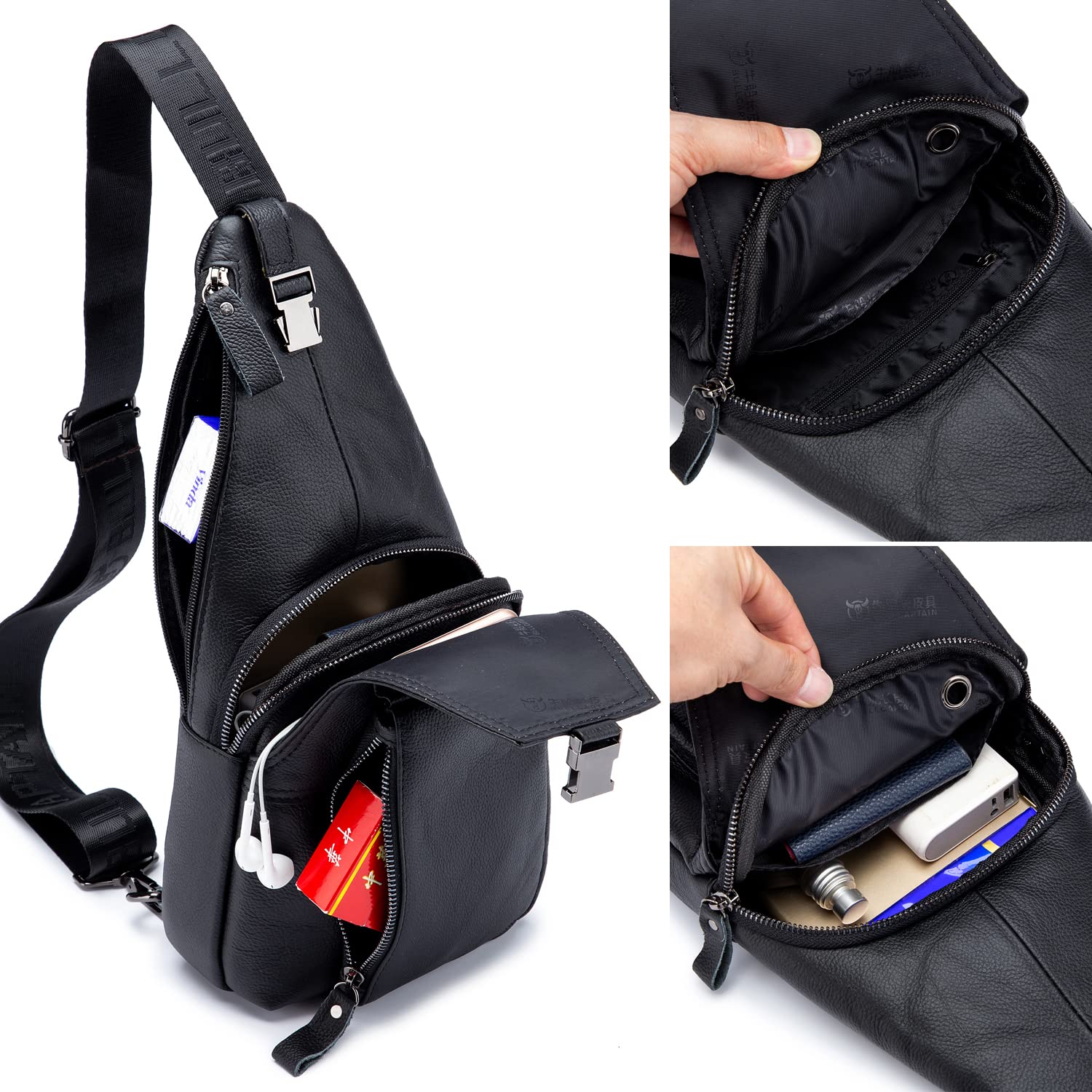 Hebetag Leather Sling Crossbody Bag Casual Daypack for Men Women (#01Black)