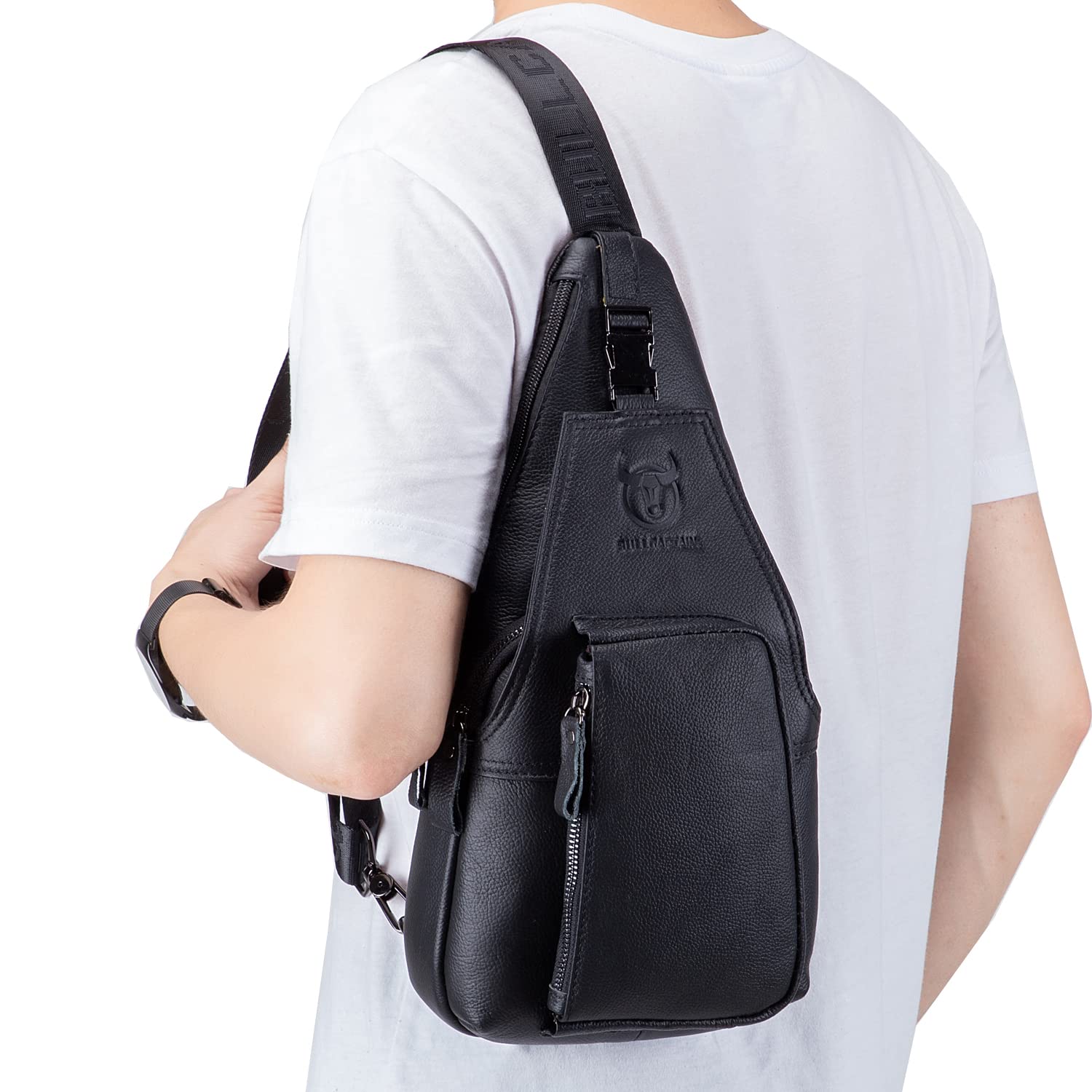 Hebetag Leather Sling Crossbody Bag Casual Daypack for Men Women (#01Black)