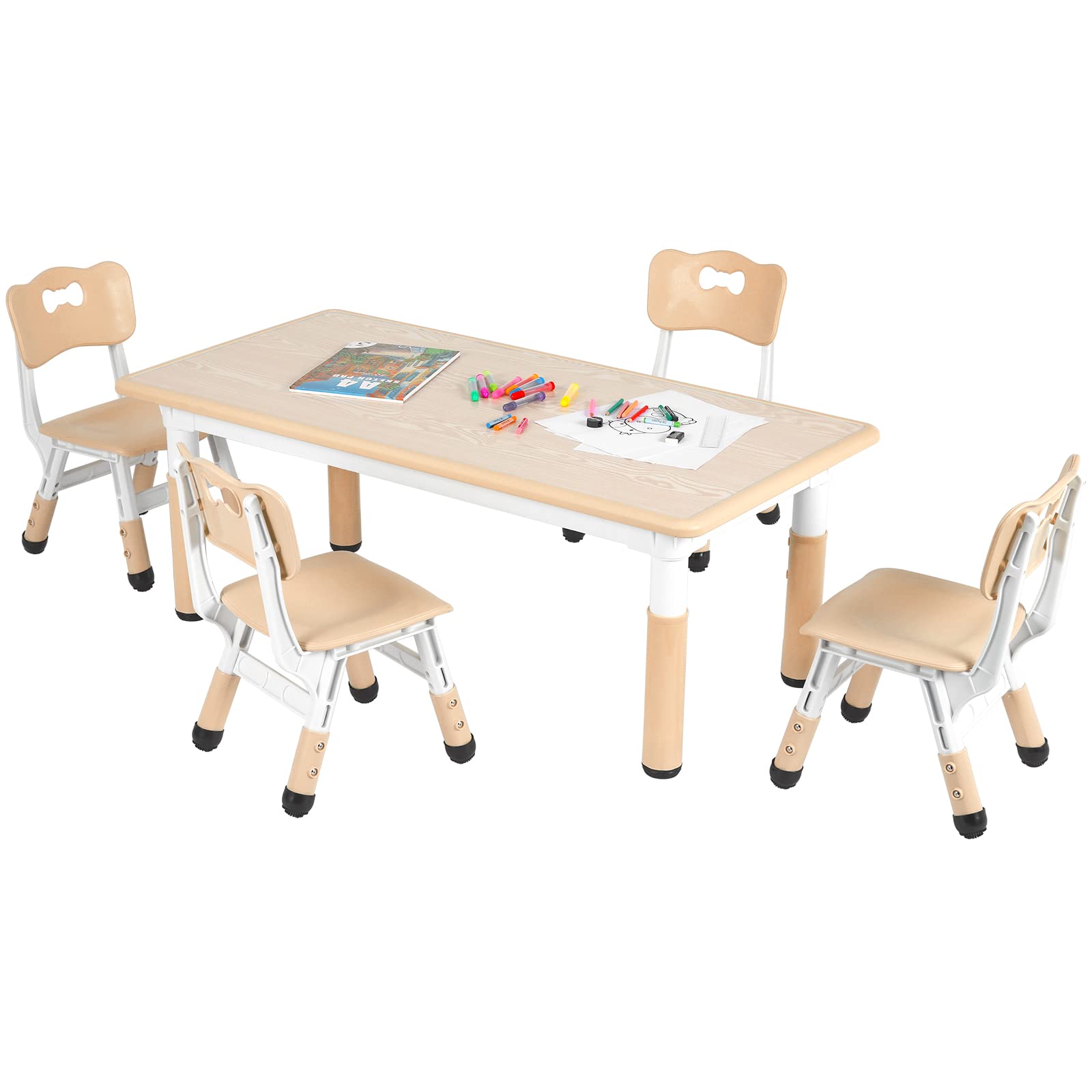 Arlopu Big Kids Study Table and 4 Chair Set, Height Adjustable Toddler Table and Chair Set for 4, Multifunctional Toddler Table, Reading, Drawing, Eating Interaction (Beige)