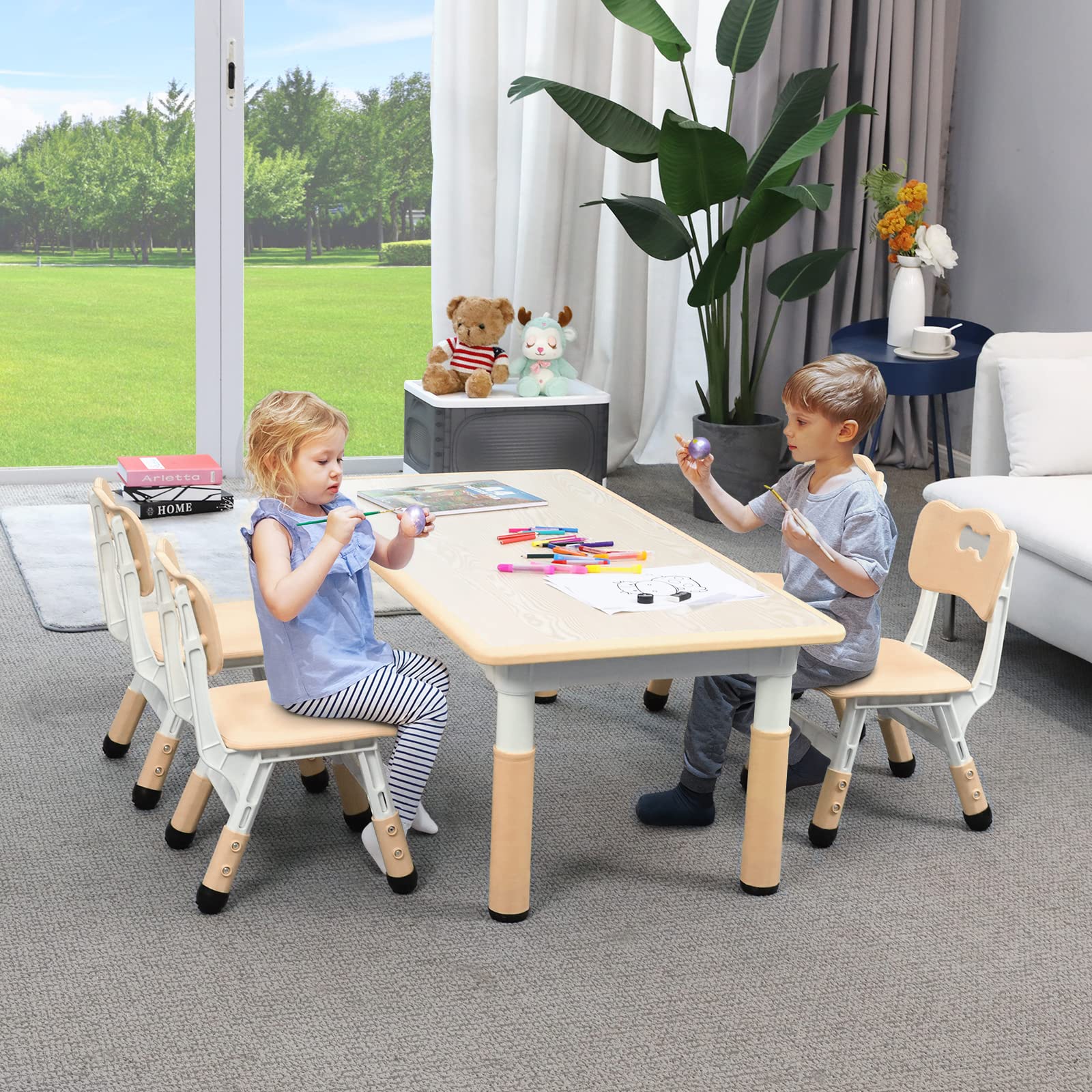 Arlopu Big Kids Study Table and 4 Chair Set, Height Adjustable Toddler Table and Chair Set for 4, Multifunctional Toddler Table, Reading, Drawing, Eating Interaction (Beige)