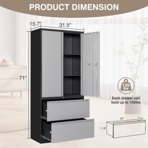 LISSIMO Metal File Cabinet with 2 Drawers,Office Storage Cabinet with Adjustable Shelves, Lockable Lateral File Cabinet for Letter/Legal/A4 Size Files (Black)