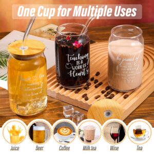 Inbagi 10 Pcs Teacher Appreciation Gift 16 oz Glass Cups Appreciated Quotes Sign Teacher Gifts for Women Men Can Shaped Cup with Bamboo Lid Glass Straw Thank You Gifts