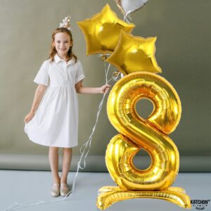 KatchOn, Gold 40 Inch Self Standing Number 8 Balloon. Reusable, Helium Supported. Ideal for 8th Birthday Decorations for Girls