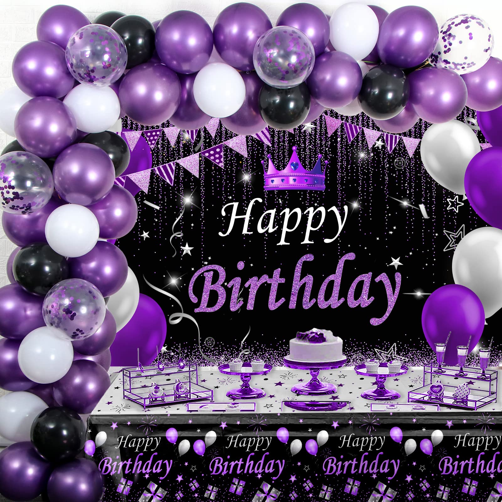 Purple and Black Party Decorations for Women, Purple Birthday Decorations for Girls Men with Purple Black Happy Birthday Backdrop Tablecloth Confetti Balloons Arch, Purple Party Supplies