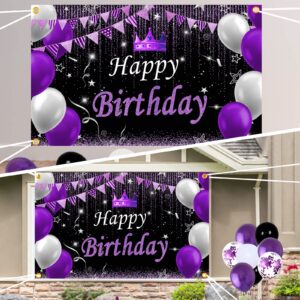 Purple and Black Party Decorations for Women, Purple Birthday Decorations for Girls Men with Purple Black Happy Birthday Backdrop Tablecloth Confetti Balloons Arch, Purple Party Supplies