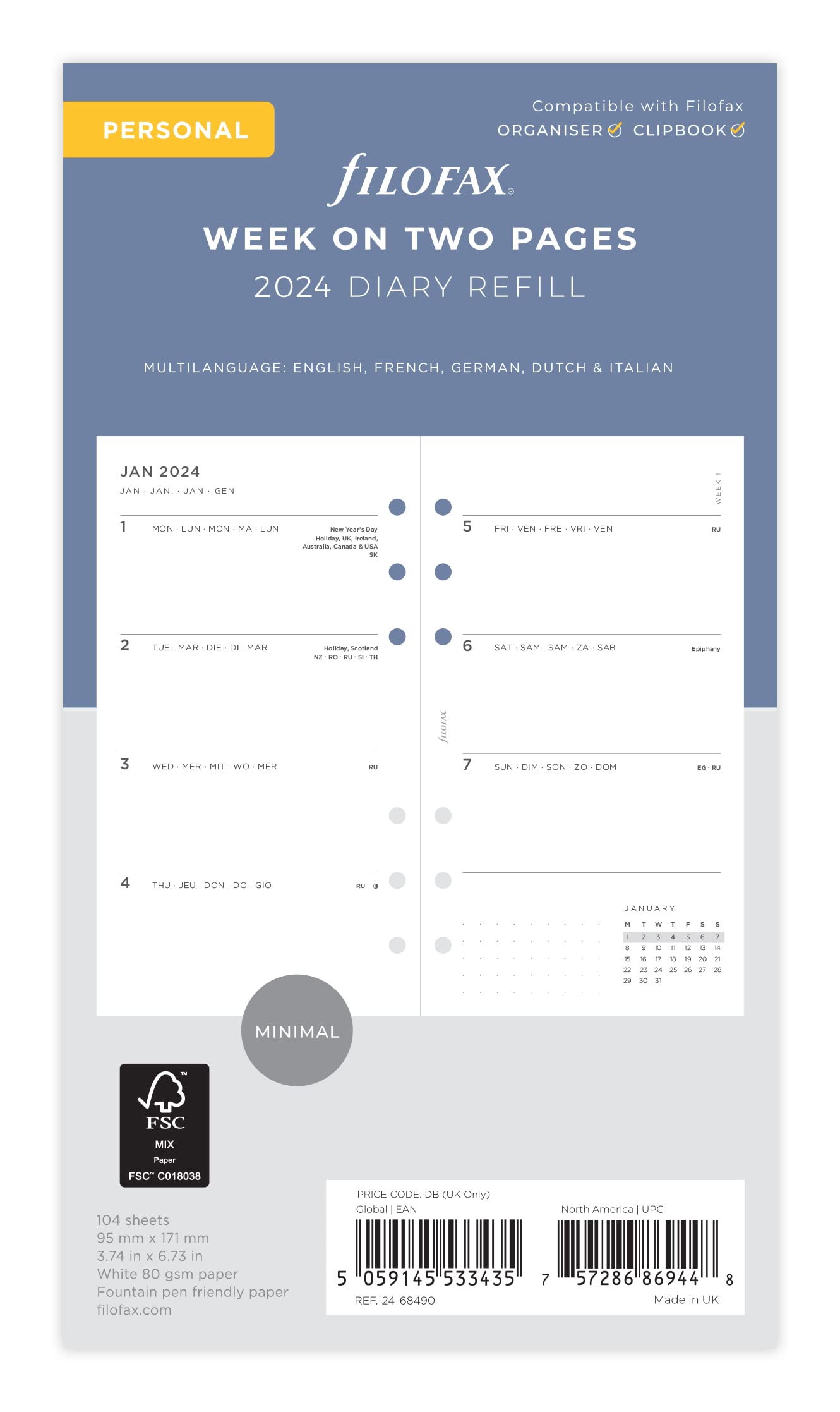 Filofax Personal Minimal week on two pages 2024 diary