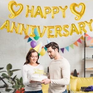 KatchOn, Gold Happy Anniversary Balloons Letters - 18 Inch, Gold Hook Heart Balloons Foil | Gold Happy Anniversary Banner for Happy Anniversary Decorations | Gold Happy Anniversary Balloon Banner