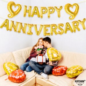 KatchOn, Gold Happy Anniversary Balloons Letters - 18 Inch, Gold Hook Heart Balloons Foil | Gold Happy Anniversary Banner for Happy Anniversary Decorations | Gold Happy Anniversary Balloon Banner