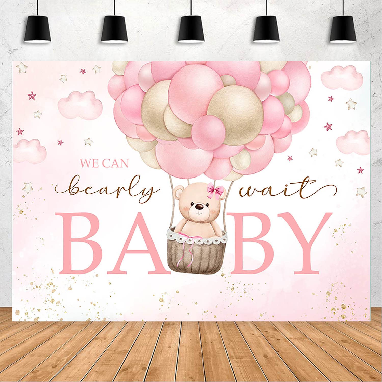 MAYSSKQ Girl Bear Baby Shower Backdrop Hot Air Balloon Bear Theme Baby Shower Photo Background We Can Bearly Wait Gold Dots Party Decorations Supplies (Pink, 7x5ft)