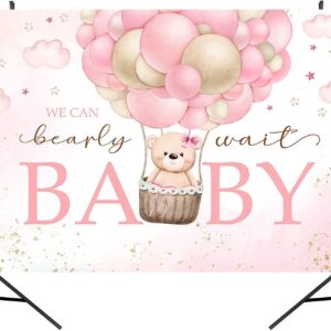 MAYSSKQ Girl Bear Baby Shower Backdrop Hot Air Balloon Bear Theme Baby Shower Photo Background We Can Bearly Wait Gold Dots Party Decorations Supplies (Pink, 7x5ft)