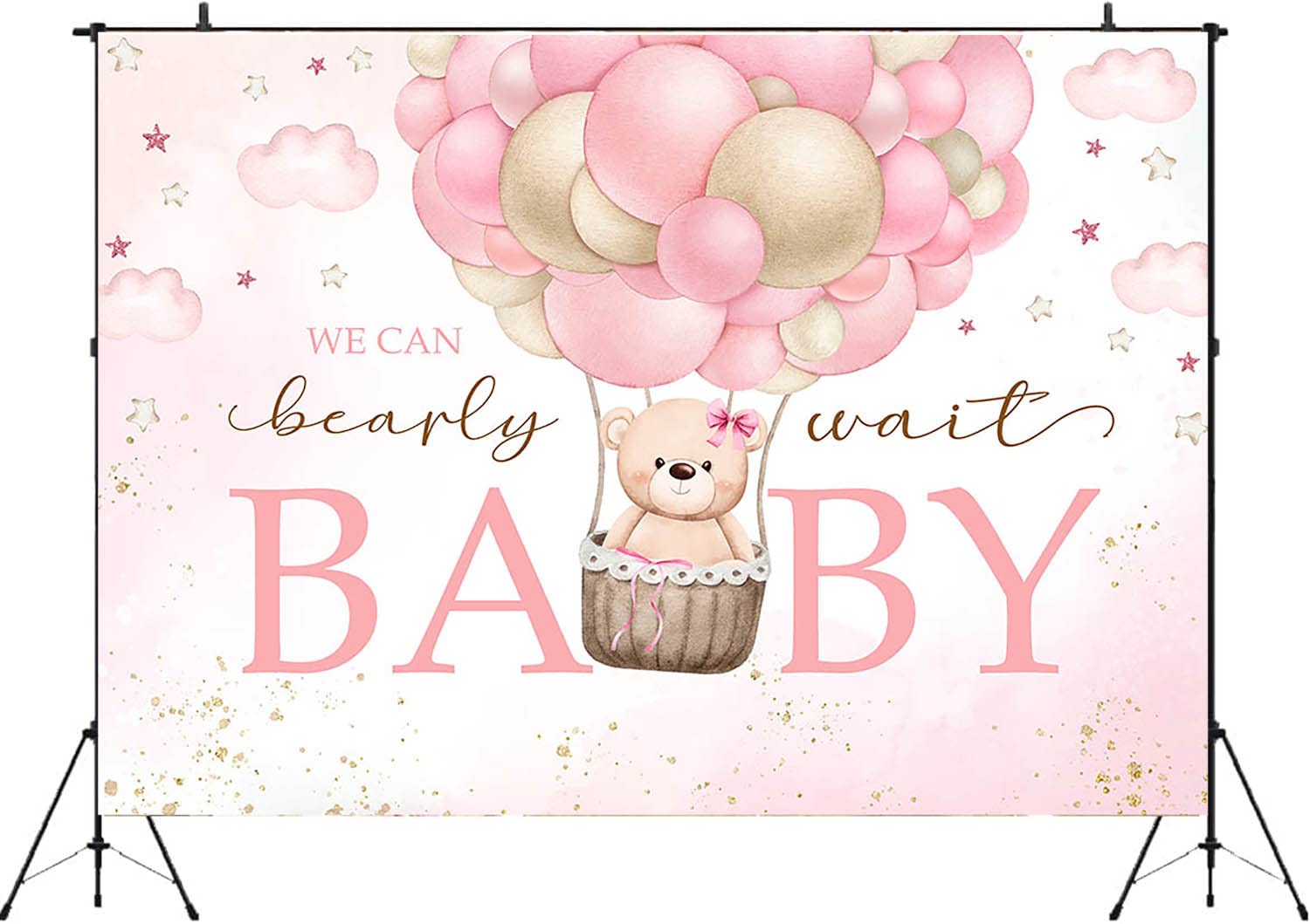 MAYSSKQ Girl Bear Baby Shower Backdrop Hot Air Balloon Bear Theme Baby Shower Photo Background We Can Bearly Wait Gold Dots Party Decorations Supplies (Pink, 7x5ft)