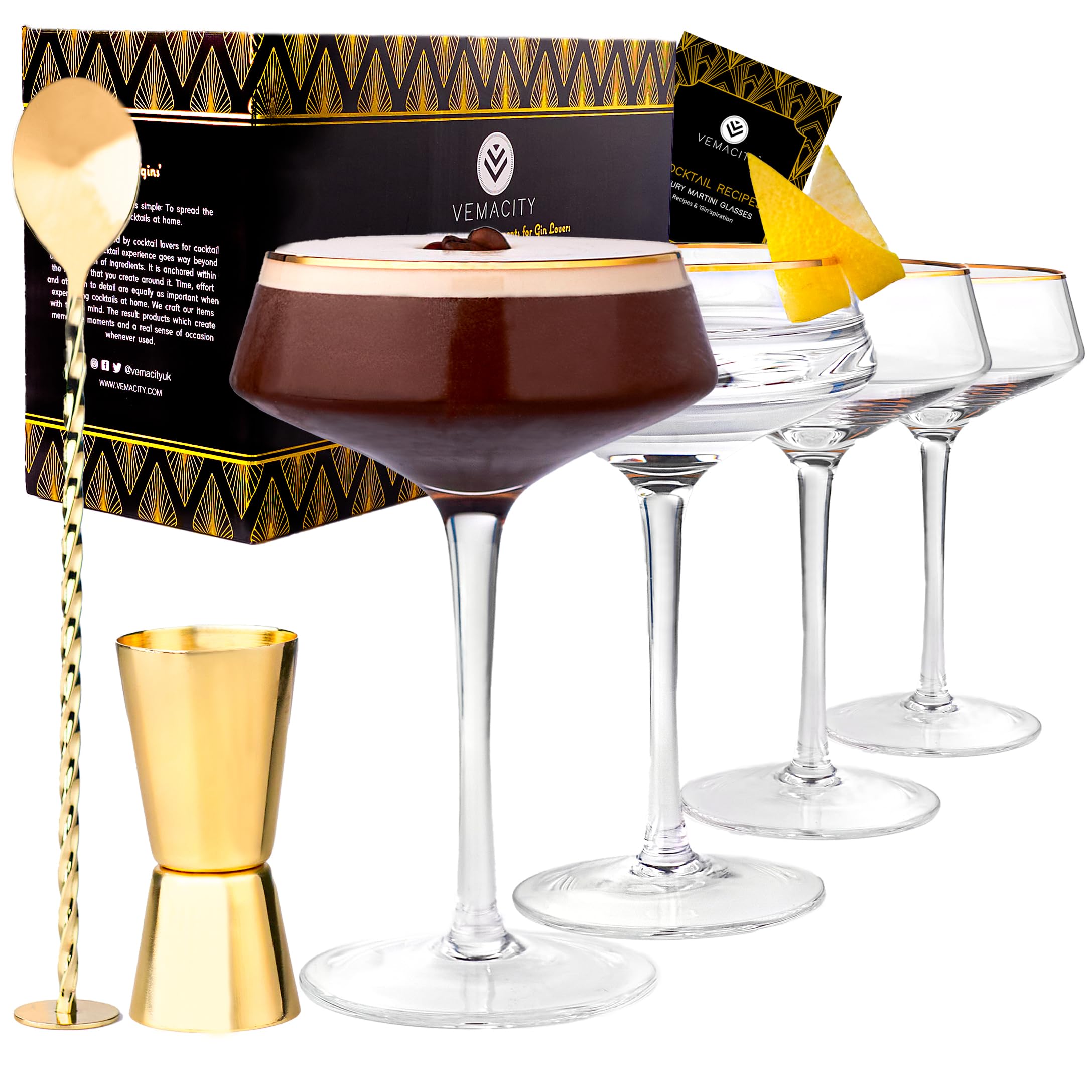 VEMACITY Martini Glasses Set of 4 with Gold Rims | Vintage Glassware with Gold Bar Spoon & Double-Sided Jigger | Champagne Coupe Cocktail Glasses | Cocktail Recipe e-Book (PDF) | Large Martini Glass