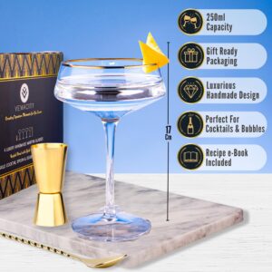 VEMACITY Martini Glasses Set of 4 with Gold Rims | Vintage Glassware with Gold Bar Spoon & Double-Sided Jigger | Champagne Coupe Cocktail Glasses | Cocktail Recipe e-Book (PDF) | Large Martini Glass