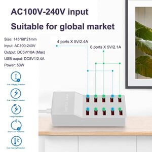 MaxLax USB Charger Station,10-Port 50W/10A Multiple USB Charging Station,Multi Ports USB Charger Charging for Smartphones，Tablets，and Other USB Devices.