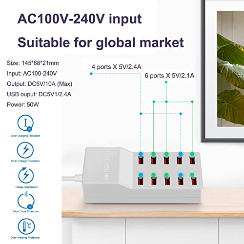 MaxLax USB Charger Station,10-Port 50W/10A Multiple USB Charging Station,Multi Ports USB Charger Charging for Smartphones，Tablets，and Other USB Devices.