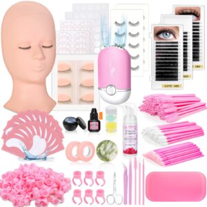 eye lash extension kit for practice, 345 pcs lash kits with replaced eyelids mannequin head, individual lashes, lash extension glue tools everything for eyelash extension beginners training makeup