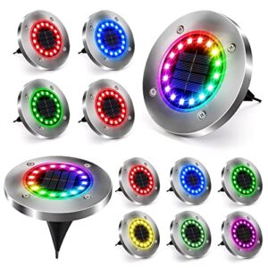 brizled color changing solar ground lights, 12 pack 16 led solar outdoor lights landscape lighting, multicolor solar disk lights, waterproof disc puck lights for pathway garden yard lawn walkway decor