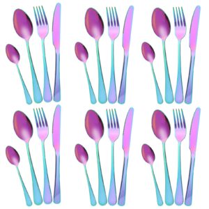 senhuok cutlery flatware set 24 piece rainbow silverware kitchen utensil set stainless steel tableware dinnerware sets knife fork spoon, service for 6 home restaurant party food flatware set-colorful