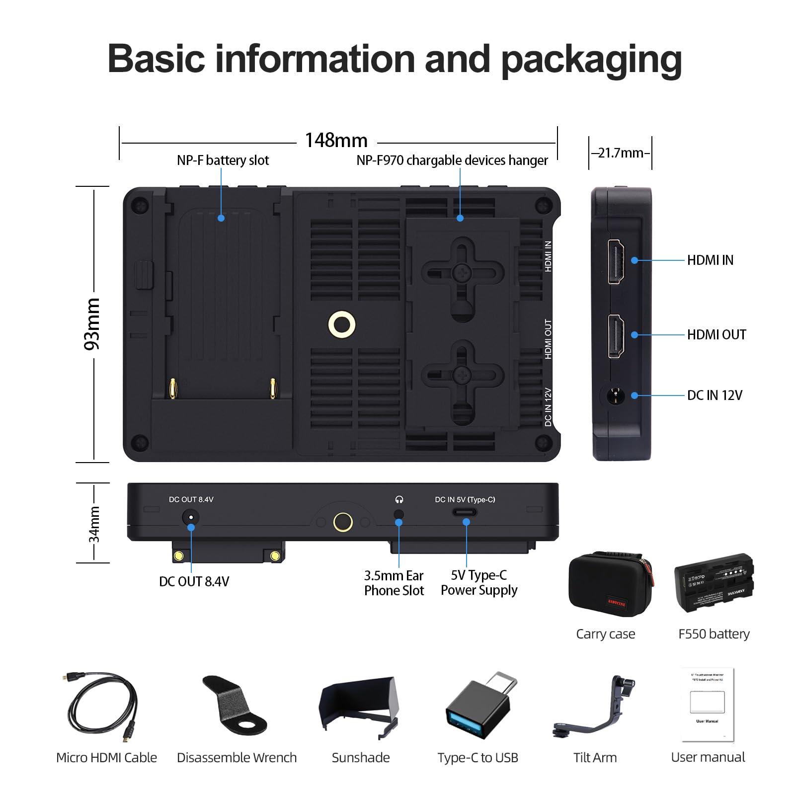 FEELWORLD F5 Pro V4 6- Inch DSLR Camera Field Monitor Bundle + Battery+Carry Case+ Micro HDMI Cords - Touch Screen Video Monitor with 3D LUT 1080P 4K HDMI with External F970 Power Plate