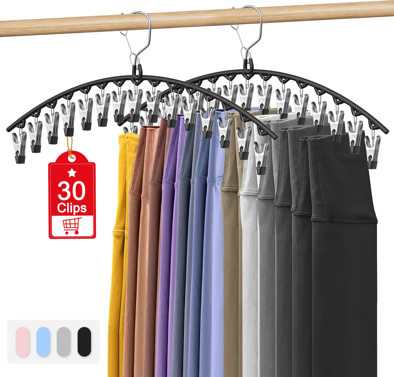 Upgrade Skirt Pants Hangers with Clips, Legging Organizer for Closet Hanging with 15 Cilps Holds 30 Leggings/Shorts/Jeans/Skirts Pants Hangers Space Saving Closet Organizers and Storage, Black 2Pack