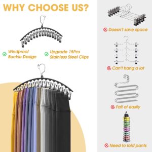 Upgrade Skirt Pants Hangers with Clips, Legging Organizer for Closet Hanging with 15 Cilps Holds 30 Leggings/Shorts/Jeans/Skirts Pants Hangers Space Saving Closet Organizers and Storage, Black 2Pack