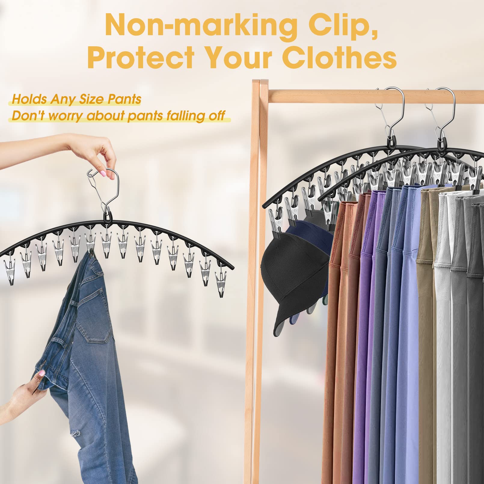 Upgrade Skirt Pants Hangers with Clips, Legging Organizer for Closet Hanging with 15 Cilps Holds 30 Leggings/Shorts/Jeans/Skirts Pants Hangers Space Saving Closet Organizers and Storage, Black 2Pack