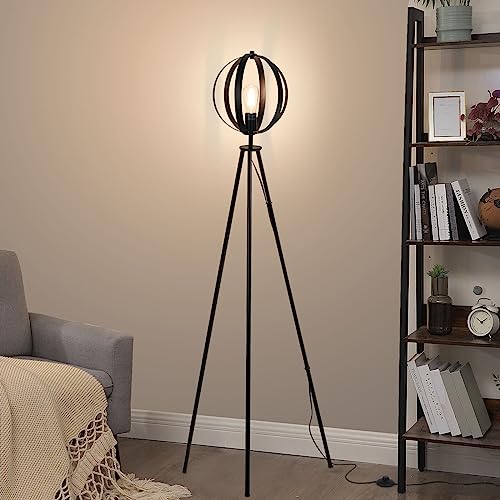 JUNNAI Black Tripod Floor Lamp: Simple Industrial Tall Lamp with Rotating Cage Shade & E26 Lamp Base | Mid Century Standing Lamp for Living Room, Bedroom, Office