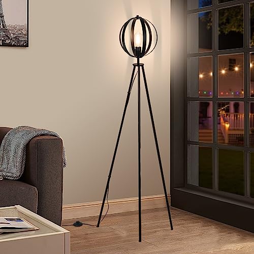 JUNNAI Black Tripod Floor Lamp: Simple Industrial Tall Lamp with Rotating Cage Shade & E26 Lamp Base | Mid Century Standing Lamp for Living Room, Bedroom, Office