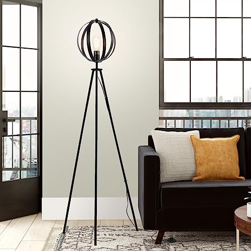 JUNNAI Black Tripod Floor Lamp: Simple Industrial Tall Lamp with Rotating Cage Shade & E26 Lamp Base | Mid Century Standing Lamp for Living Room, Bedroom, Office