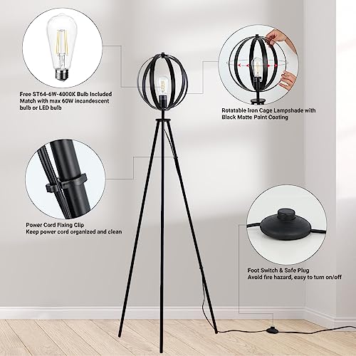 JUNNAI Black Tripod Floor Lamp: Simple Industrial Tall Lamp with Rotating Cage Shade & E26 Lamp Base | Mid Century Standing Lamp for Living Room, Bedroom, Office