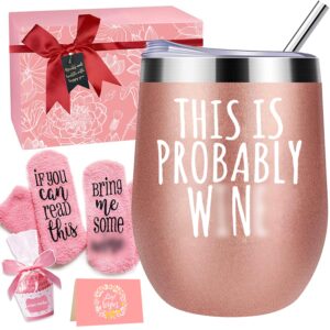 kaira this is probably wine tumbler 12 oz with lid and straw funny,birthday gifts set for women best friends,idea for women,stainless steel insulated cup with saying,with gift box socks greeting card