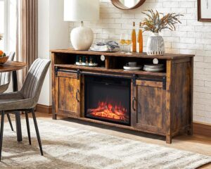 vingli fireplace tv stand for tvs up to 65 inch, farmhouse entertainment center with 1500w/23'' electric fireplace insert and sliding barn doors (59'' x 16'' x 29'', rustic brown)