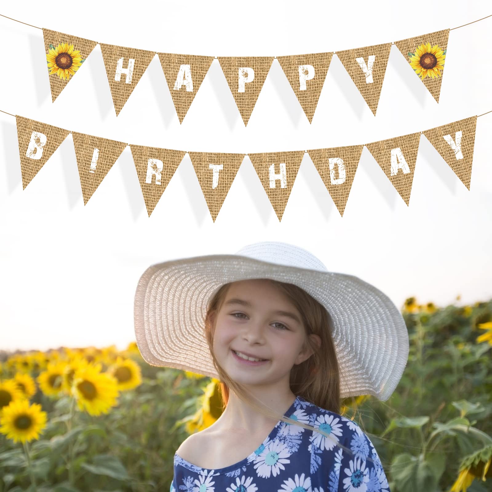 Sunflower Happy Birthday Banner Sunflower Theme Party Decorations Happy Birthday Banner Bunting Decorative Burlap Banner for Baby Shower Kids Birthday Party, Sunflower Pattern Flag Party Supplies