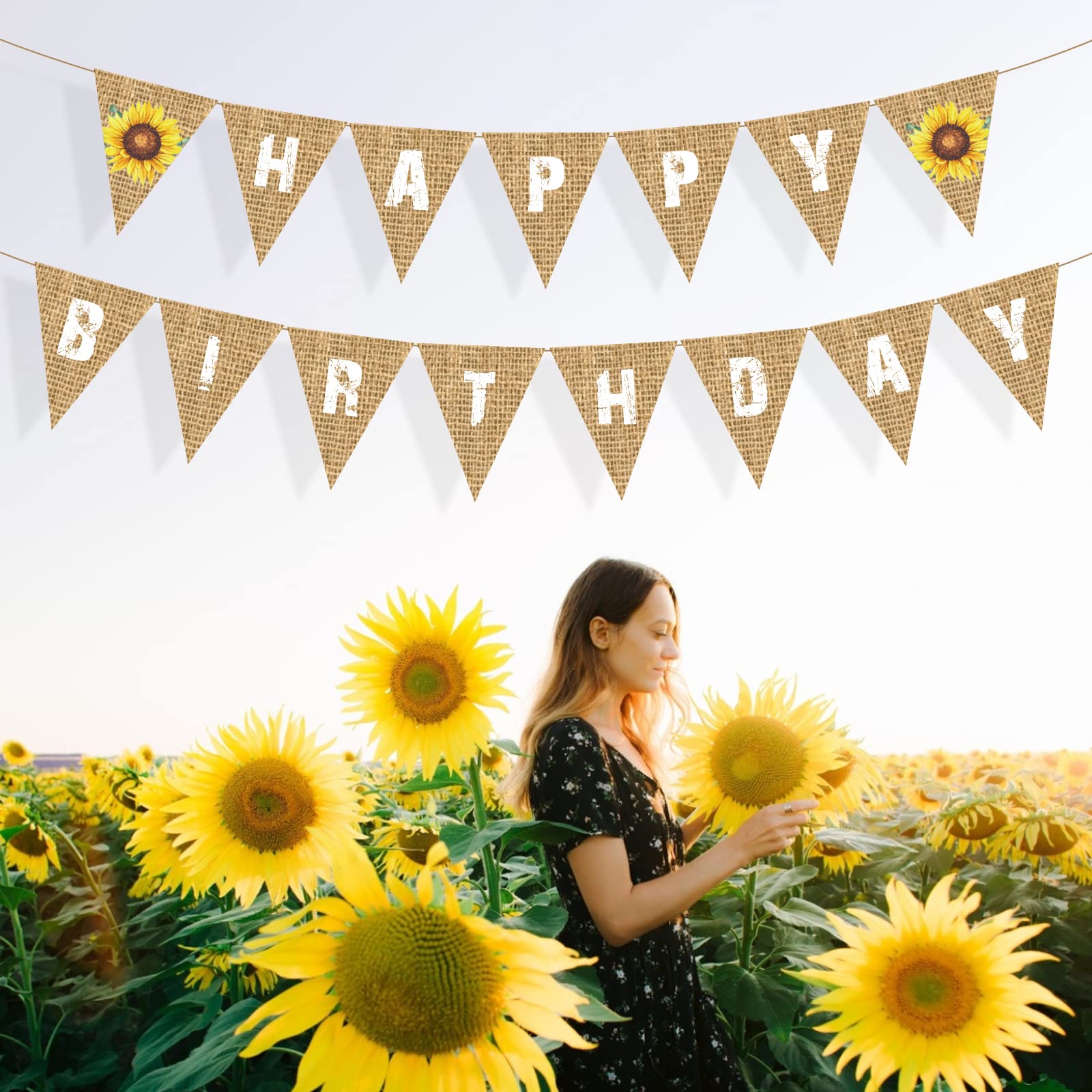 Sunflower Happy Birthday Banner Sunflower Theme Party Decorations Happy Birthday Banner Bunting Decorative Burlap Banner for Baby Shower Kids Birthday Party, Sunflower Pattern Flag Party Supplies