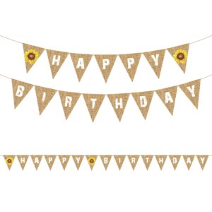 Sunflower Happy Birthday Banner Sunflower Theme Party Decorations Happy Birthday Banner Bunting Decorative Burlap Banner for Baby Shower Kids Birthday Party, Sunflower Pattern Flag Party Supplies