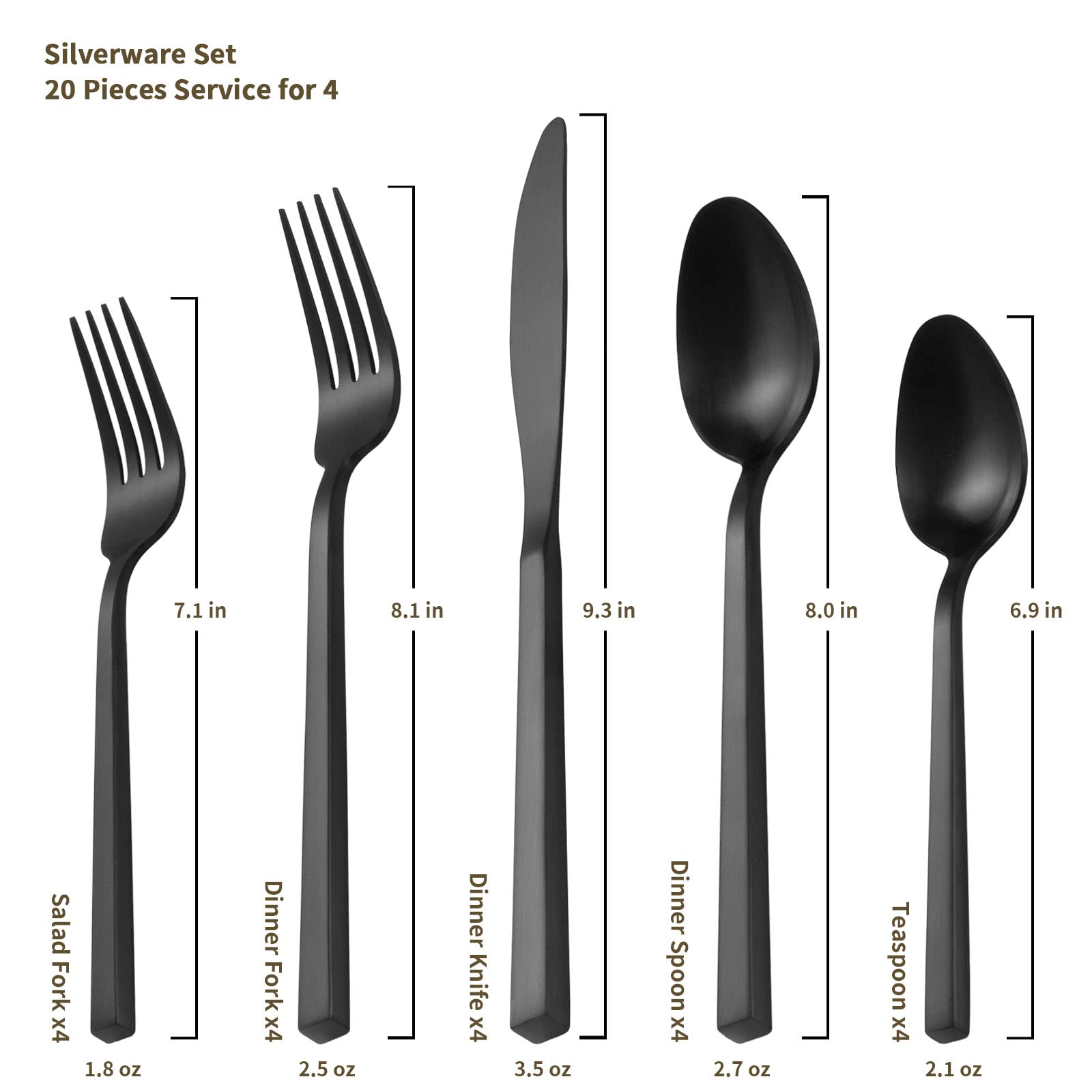 Alata Cube Black 20-Piece Forged Silverware Set Stainless Steel Flatware Set,Service for 4,Matte Satin Polished Cutlery Set,Dishwasher Safe