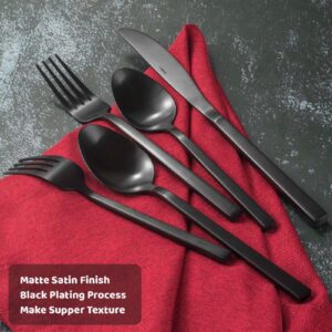 Alata Cube Black 20-Piece Forged Silverware Set Stainless Steel Flatware Set,Service for 4,Matte Satin Polished Cutlery Set,Dishwasher Safe