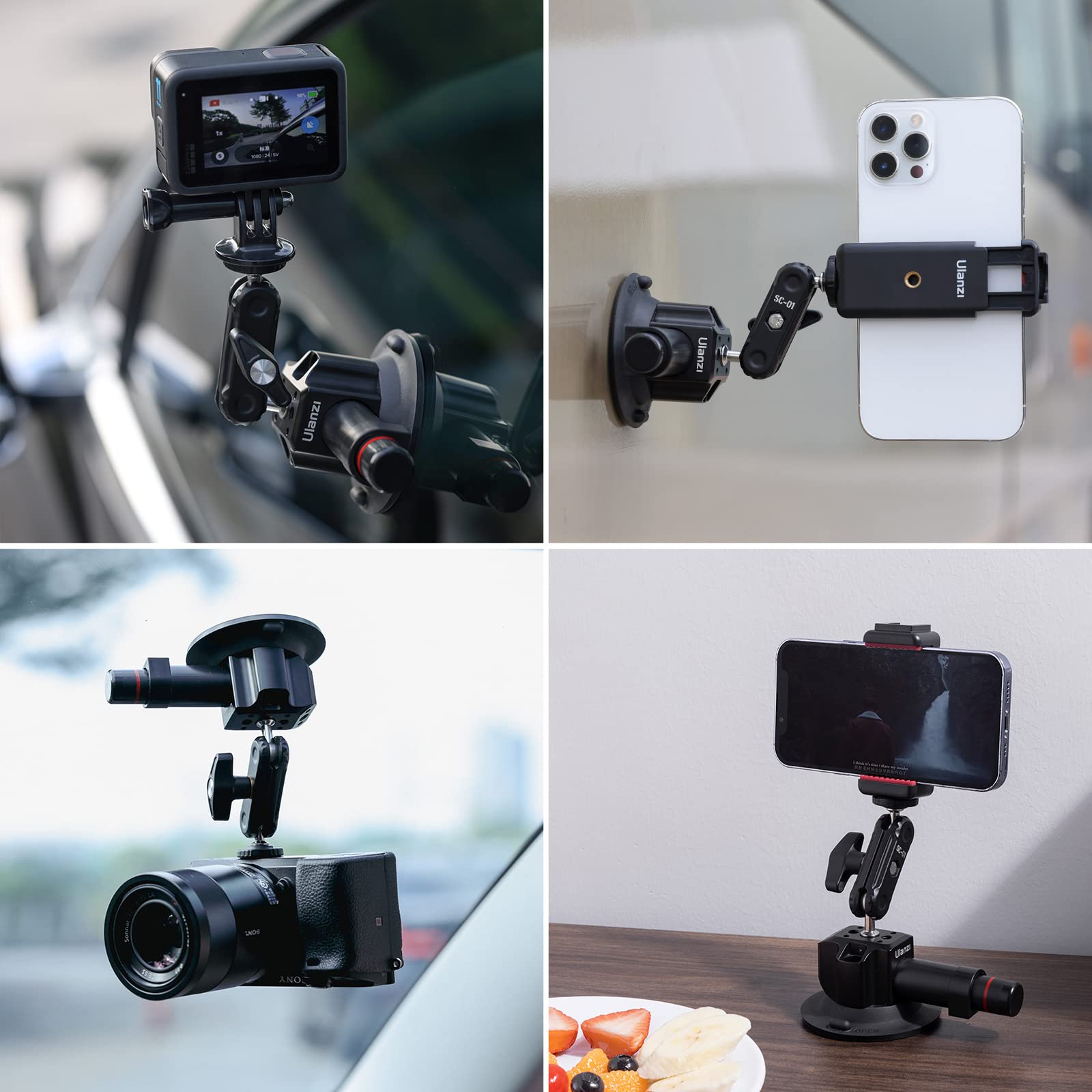 UURig SC-01 Suction Mount 3" for Vlogging Action Camera Car Mount w Smartphone Clamp for iPhone 14 13 Pro Max, 1/4" Magic Arm Adapter Mount Desk Suciton Mount for Car Windshield Window