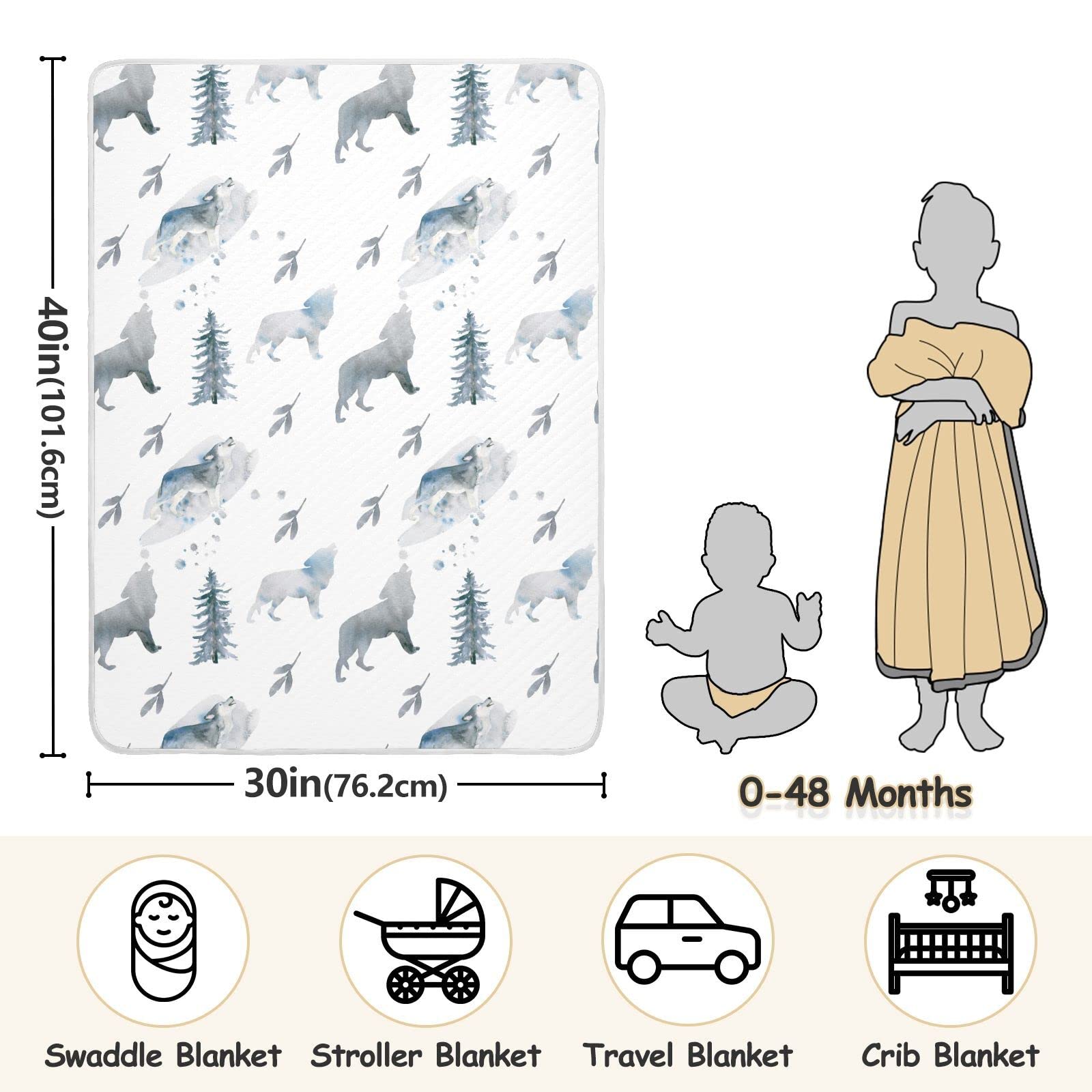 Ollabaky Animal Wolf Baby Blanket for Boys Girls Cotton Throw Blanket Swaddle Blanket for Crib Stroller Nursery Receiving Blanket Infant Toddler Unisex 30"x40"