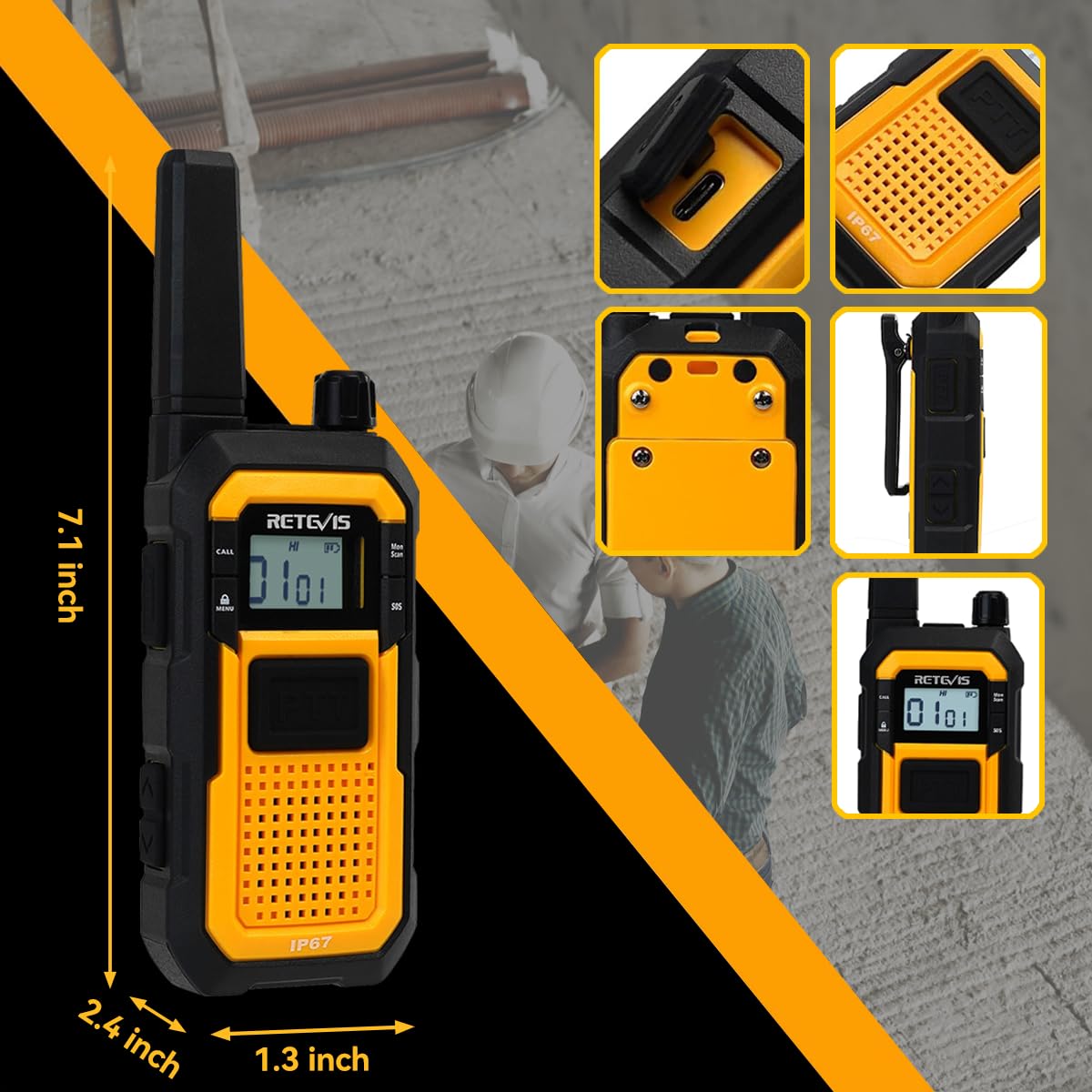 Retevis RB48 Heavy Duty Two Way Radio,Waterproof Walkie Talkies,Shock-Resistant,2000mAh,Vibration Call,Emergency Alarm,NOAA,Hands-Free,Durable 2 Way Radio for Job Site (6 Pack)