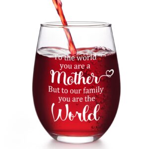 dazlute mothers day gifts from daughter, to the world you are a mother but to our family you are the world stemless wine glass for mom new mom women mothers day birthday christmas, mom gifts, 17oz