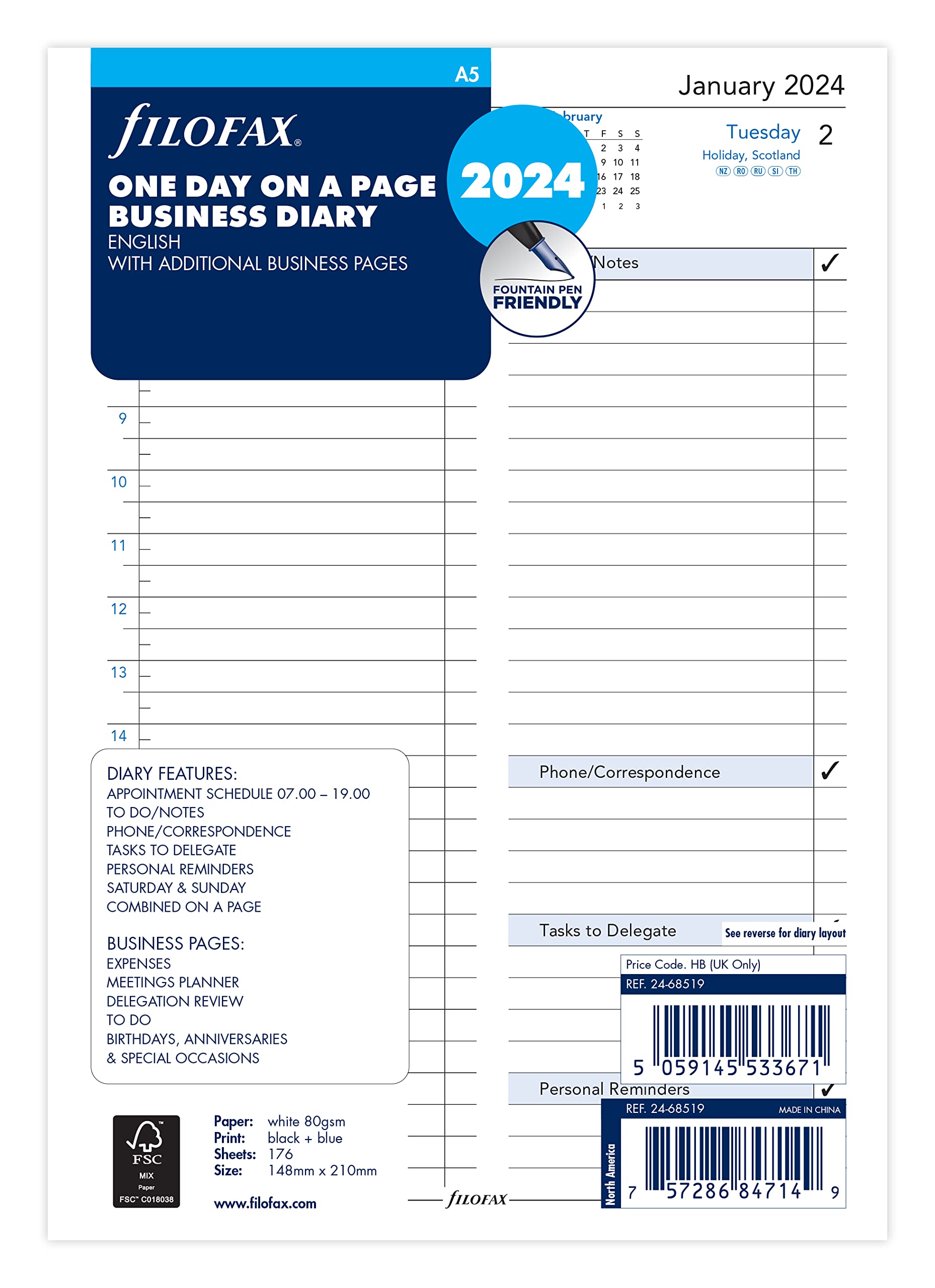 Filofax A5 business day per page English appointments diary - 2024