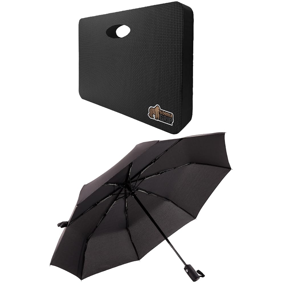 Gorilla Grip Kneeling Pad and Umbrella, Cushioning for Knee in 17.5x11 Inch Lightweight in Black, Umbrella for Rain One-Click Automatic in Black, 2 Item Bundle