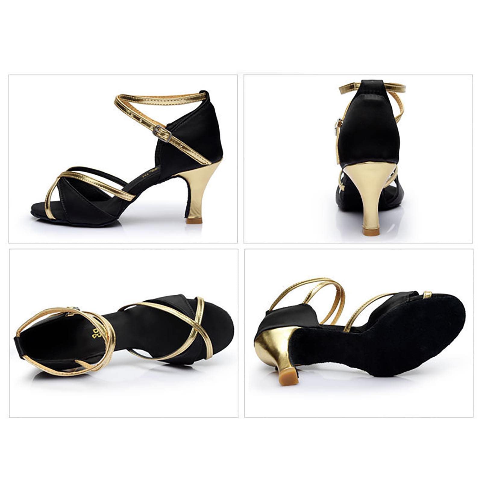 Women's Professional Latin Dance Shoes Fashion Cross Straps Open Toe Buckle Flared Heel Sandals Satin Salsa Ballroom Practice Performance Dance Shoes Black