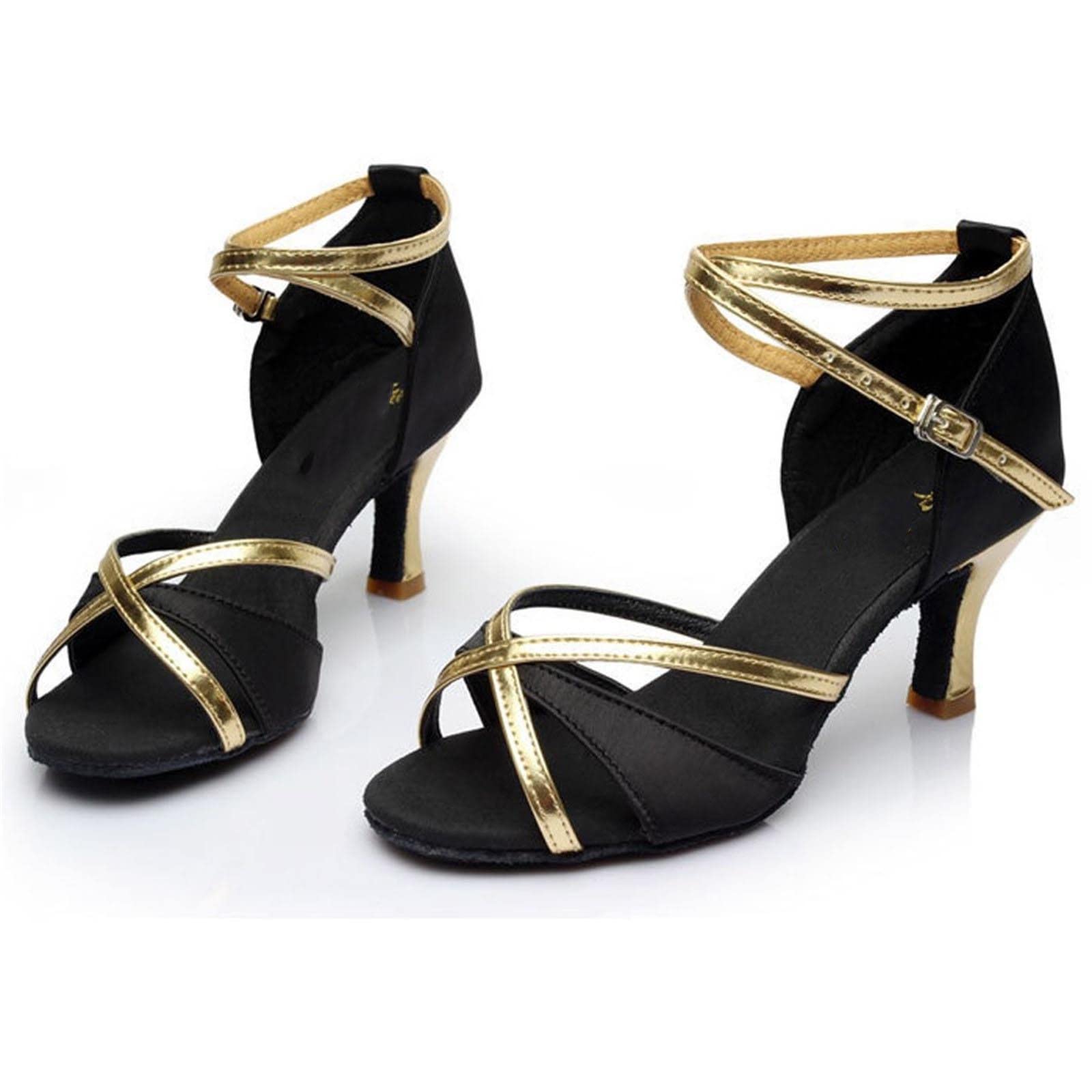 Women's Professional Latin Dance Shoes Fashion Cross Straps Open Toe Buckle Flared Heel Sandals Satin Salsa Ballroom Practice Performance Dance Shoes Black