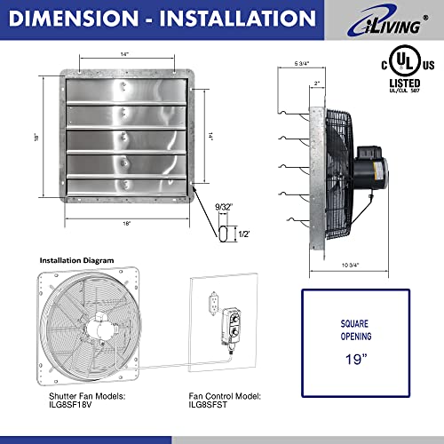 iLIVING 18" Wall Mounted Shutter Exhaust Fan, Automatic Shutter, with Thermostat and Variable Speed controller, 0.85A, 1736 CFM, 2600 SQF Coverage Area Silver (ILG8SF18V-ST)