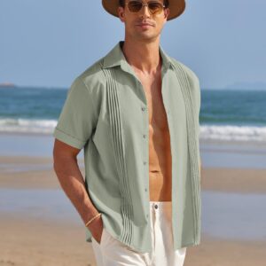 COOFANDY Cuba Shirt Linen Beach Shirts Mexican Wedding Dress Shirts Cabana Shirt Light Green