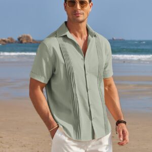 COOFANDY Cuba Shirt Linen Beach Shirts Mexican Wedding Dress Shirts Cabana Shirt Light Green